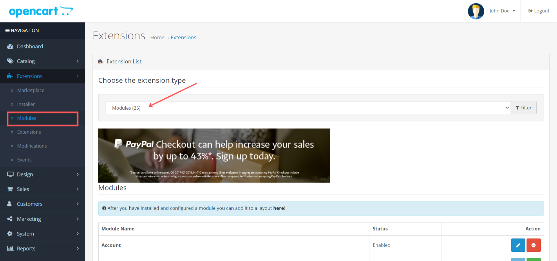 Opencart Admin Show Module Link at Left Menu | Opencart Admin Module & Extension